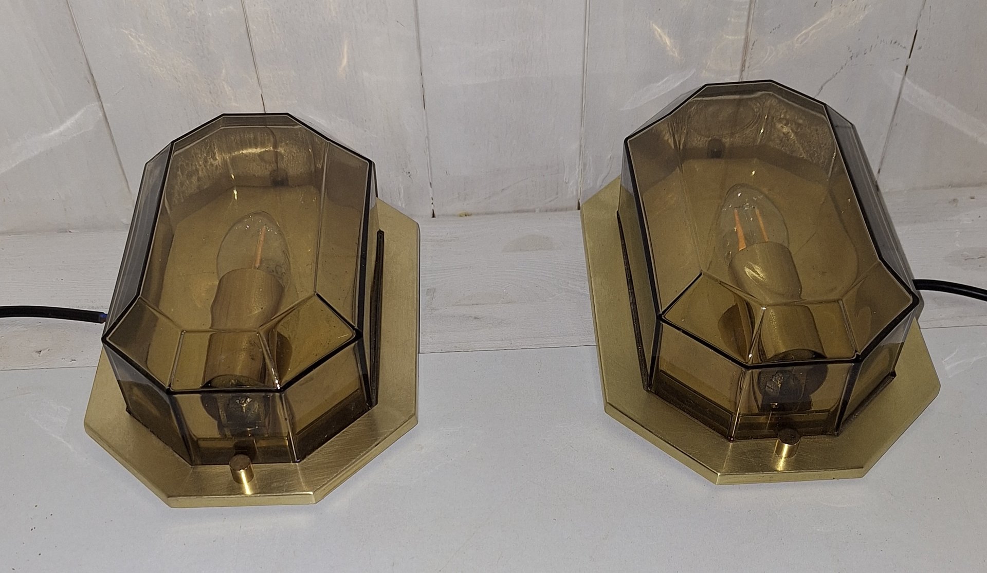 Vintage German Wall Lamps with Brass Frames and Tinted Crystal Glass ...