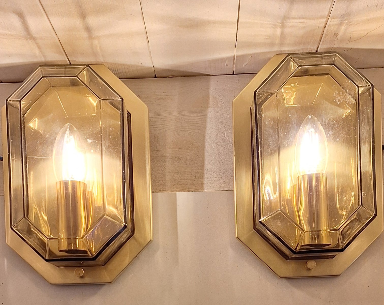 Vintage German Wall Lamps with Brass Frames and Tinted Crystal Glass ...