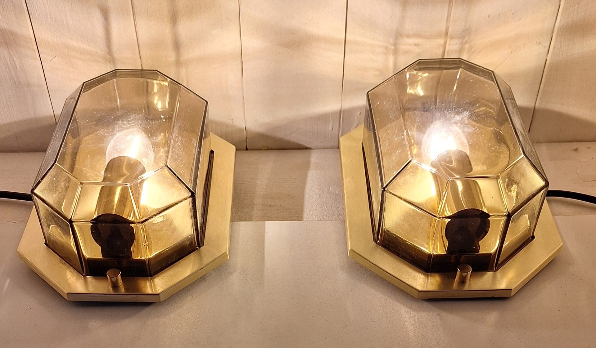 Vintage German Wall Lamps with Brass Frames and Tinted Crystal Glass ...