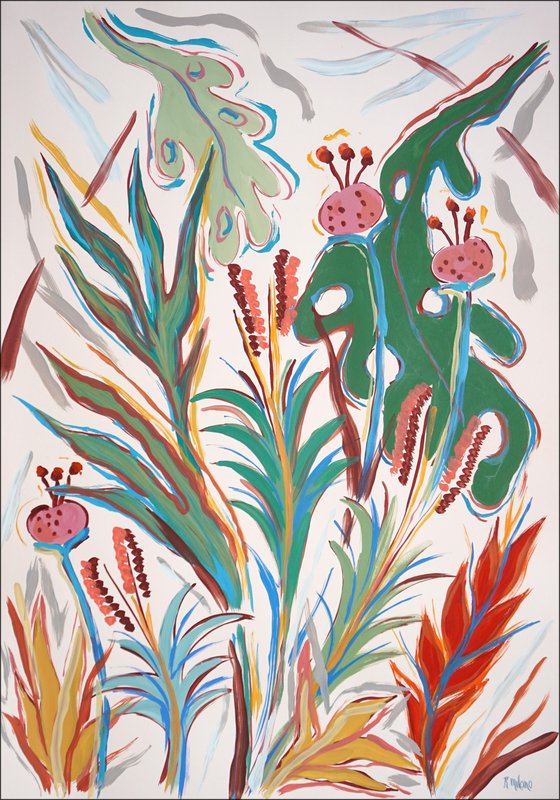 Tropical Flora in Brown and Green, Modern Nature Forms, 2025, Acrylique ...