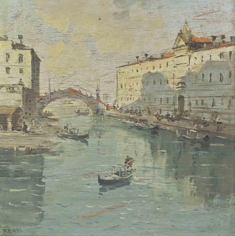 Alessandro Reati, Venetian Canal View with Gondolas at Dusk, 1860s, Oil ...