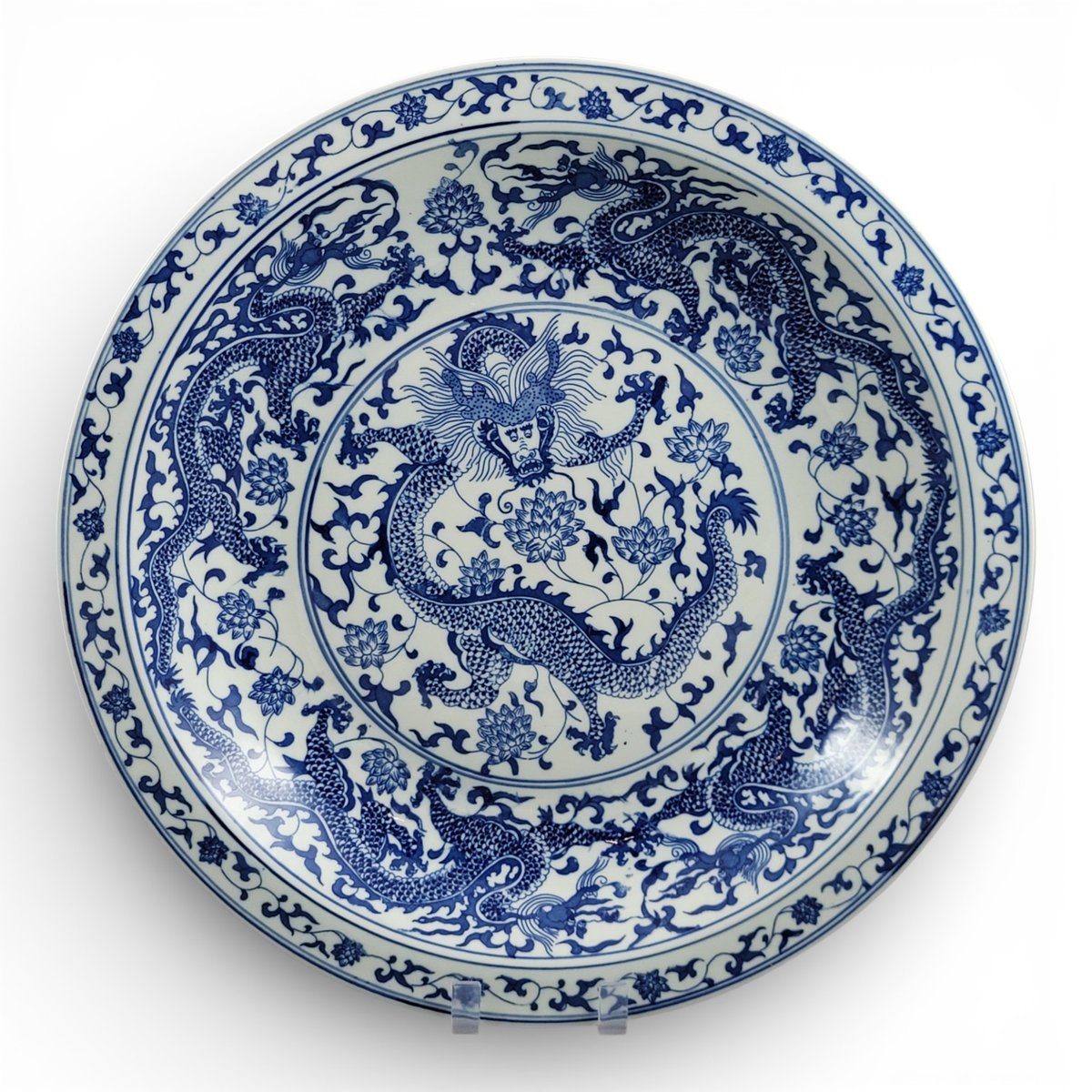 Large Chinese Blue and White Porcelain Dragon Dish, 1920s for sale at ...