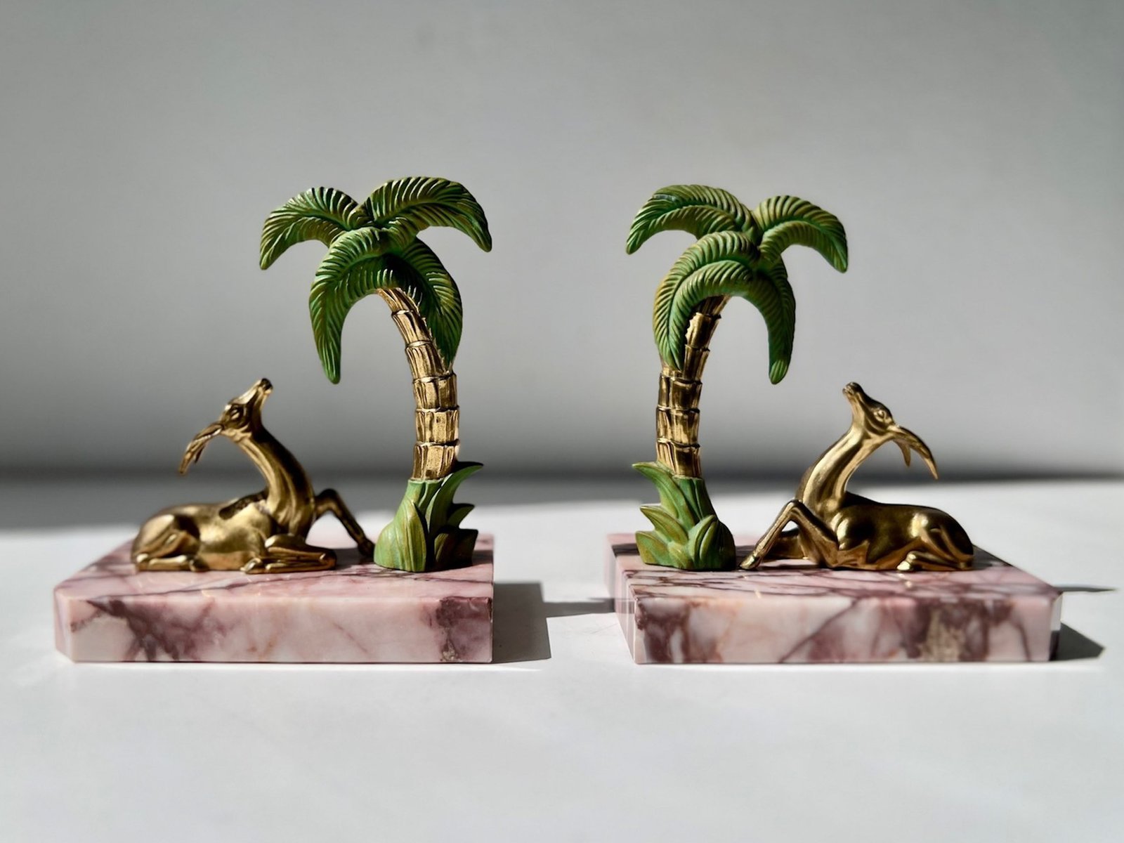 French Art Deco Gazelle and Palm Bookends on Pink Marble, 1920s, Set of ...