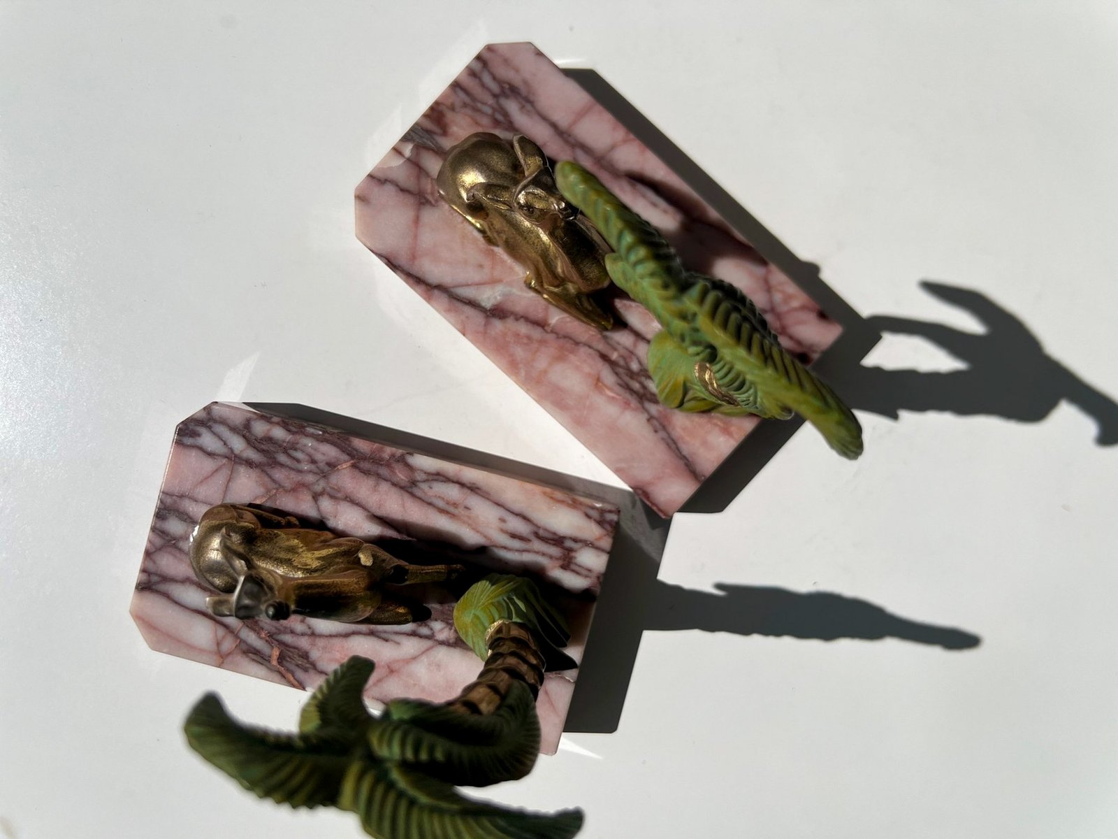 French Art Deco Gazelle and Palm Bookends on Pink Marble, 1920s, Set of ...