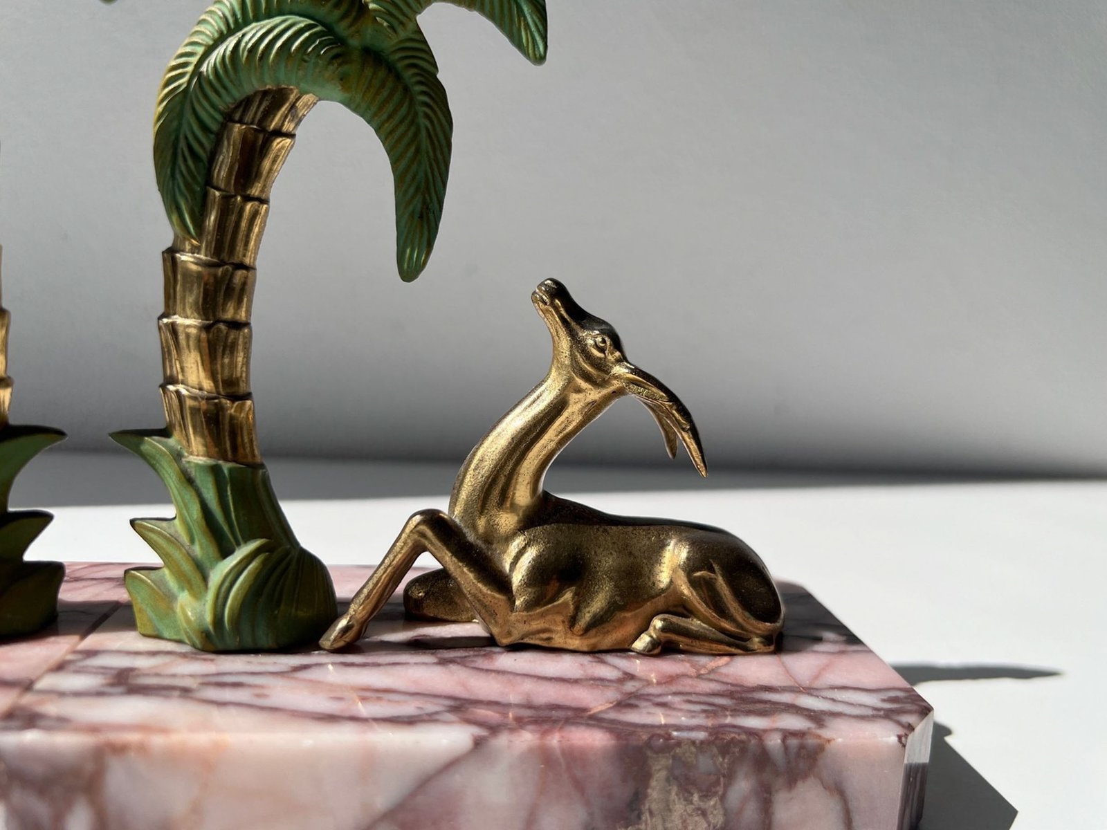 French Art Deco Gazelle and Palm Bookends on Pink Marble, 1920s, Set of ...