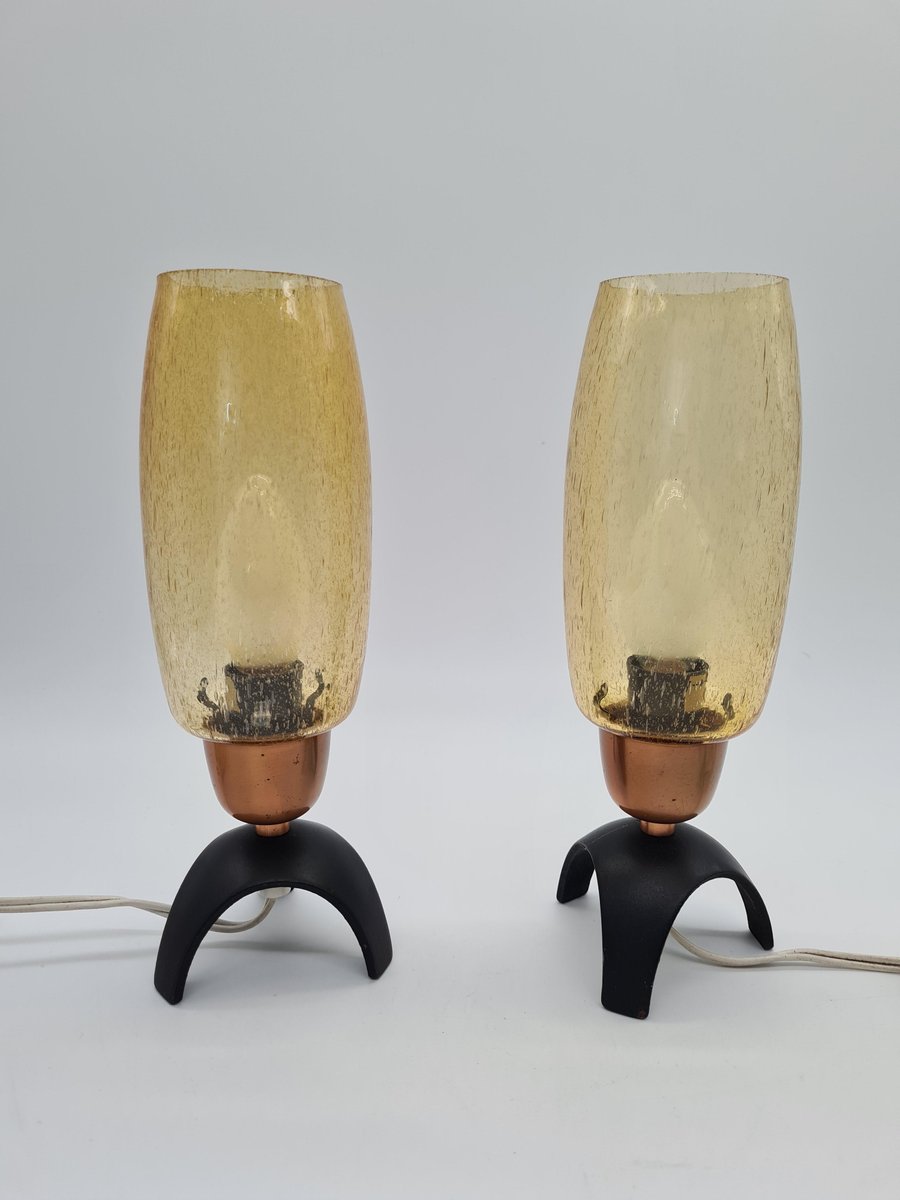 Vintage German Table Lamps in Yellow Glass and Black Metal, 1960s, Set ...