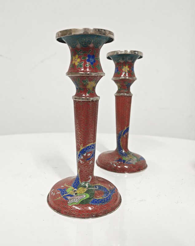 Portacandele antichi in cloisonné e smalto, XIX secolo, Cina, set di 2 ...