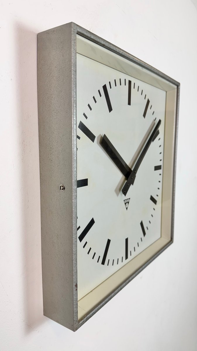 Large Grey Square Wall Clock from Pragotron, 1970s for sale at Pamono