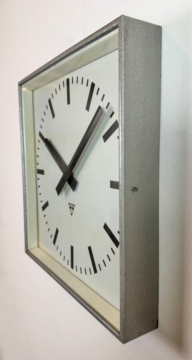 Large Grey Square Wall Clock from Pragotron, 1970s for sale at Pamono