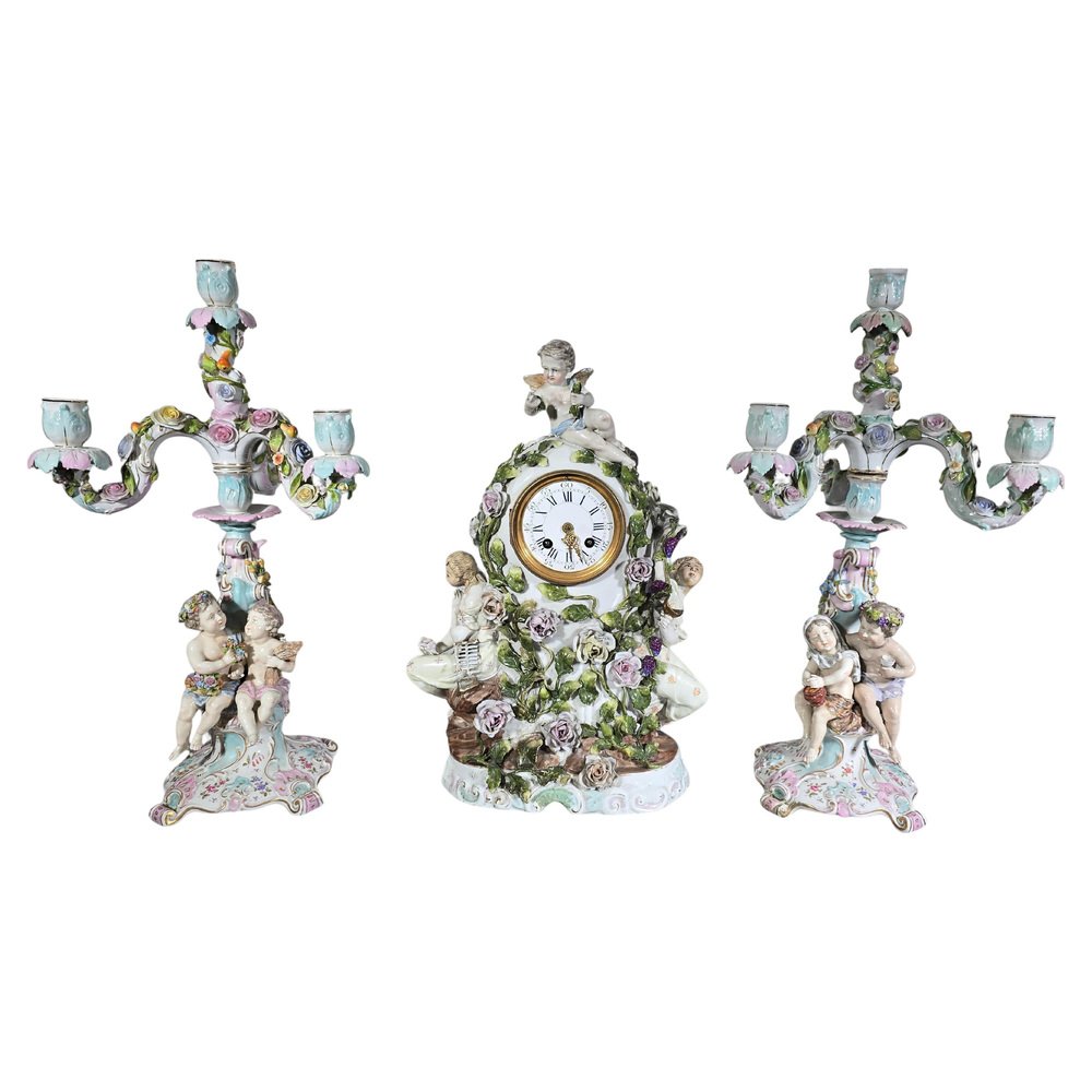 Antique German Porcelain Clock Garniture Set with Candelabra, 1890, Set ...
