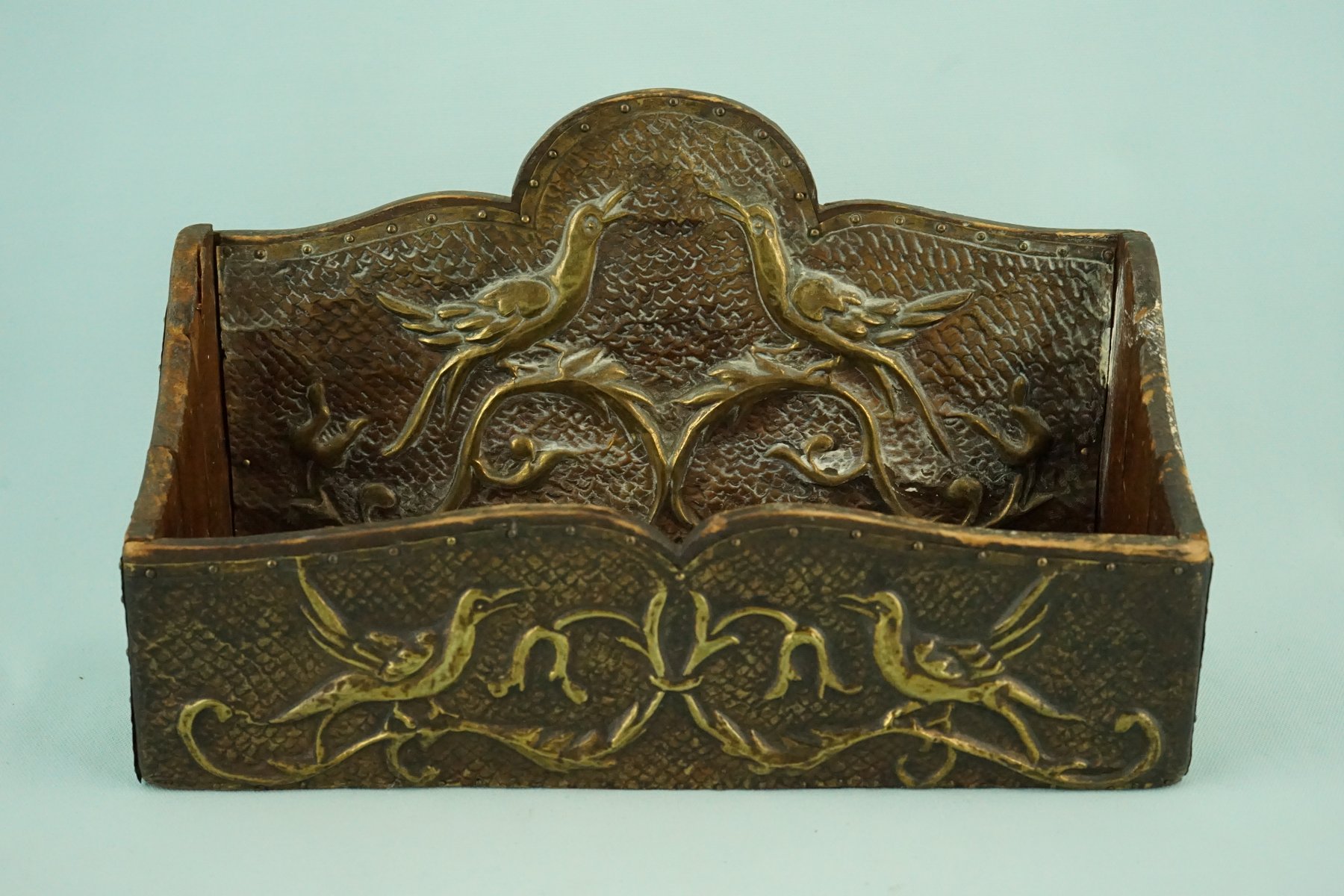 Hand-Embossed Copper Letter Box with Bas-Relief of Birds in Wood, 19th ...