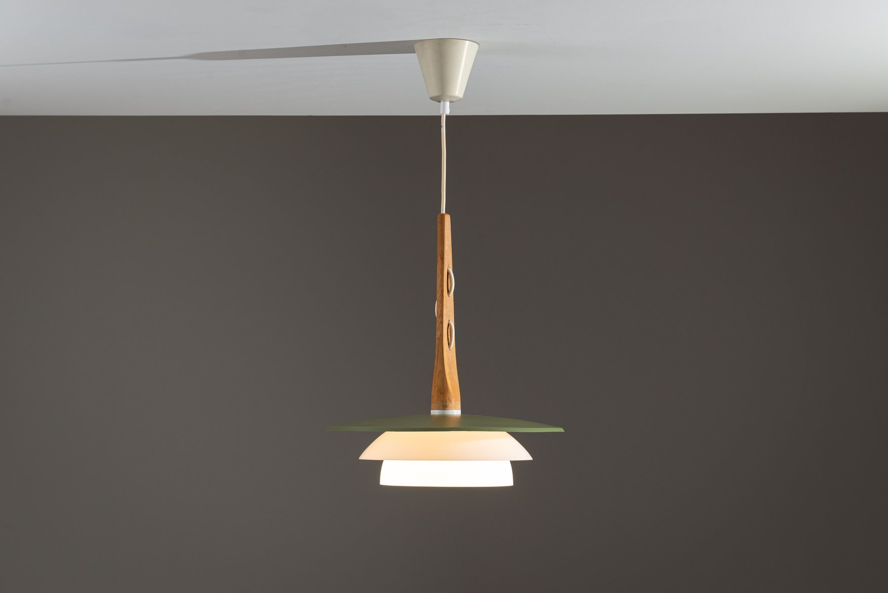 Pendant Light in Oak Wood with Green Shade and Glass, 1960s for sale at ...
