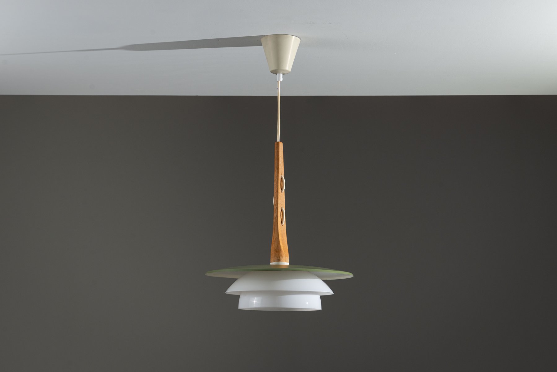 Pendant Light in Oak Wood with Green Shade and Glass, 1960s for sale at ...