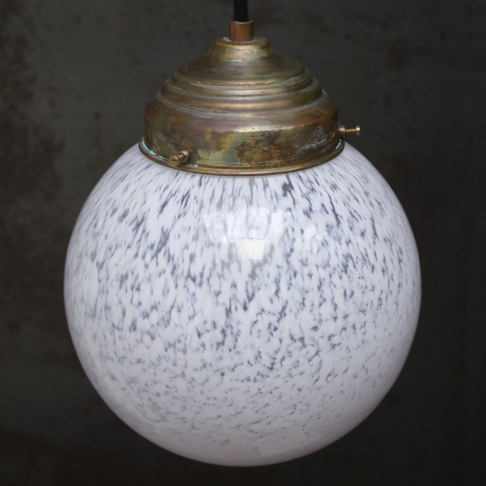 Art Deco French White Glass Globe and Brass Pendant Lamp for sale at Pamono