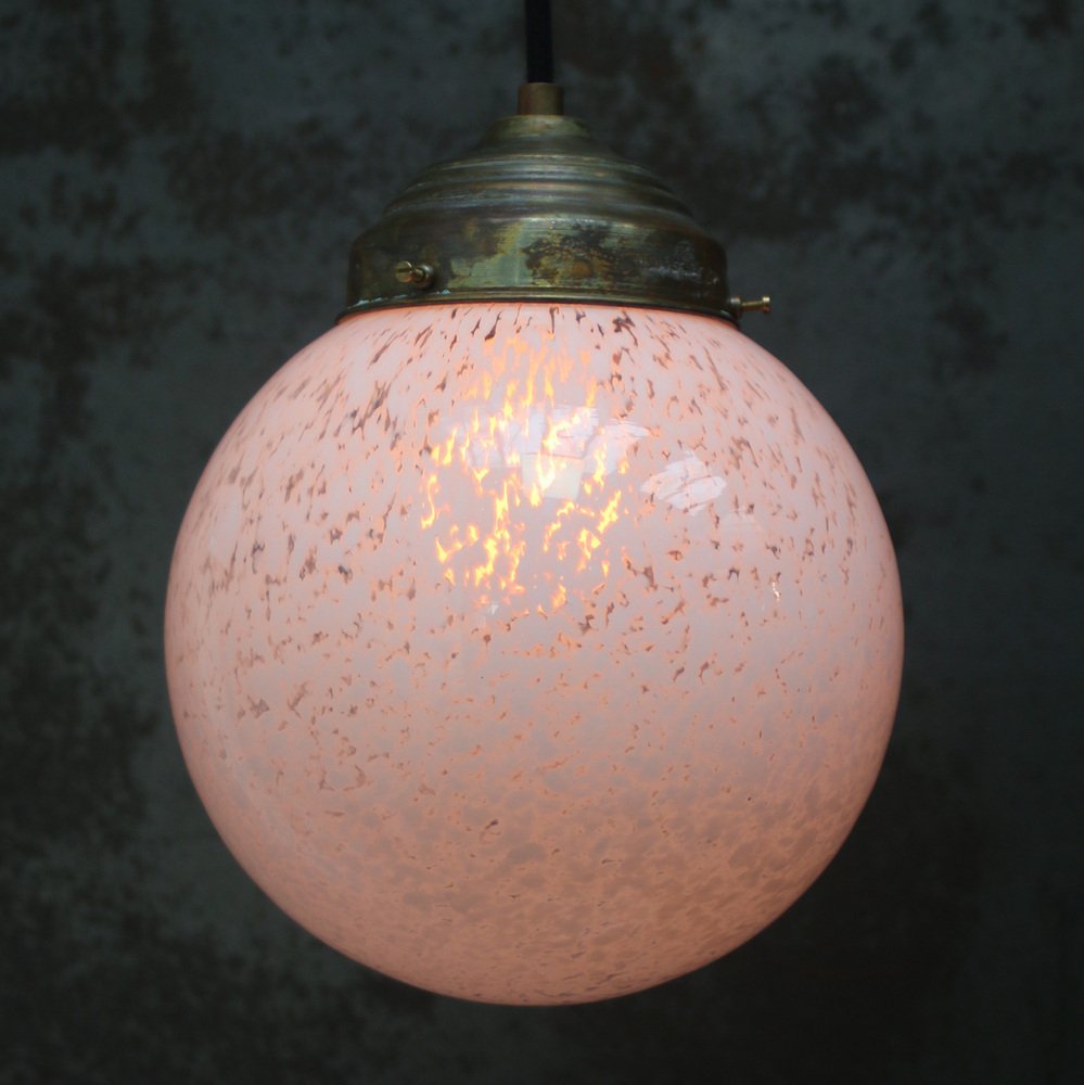 Art Deco French White Glass Globe and Brass Pendant Lamp for sale at Pamono