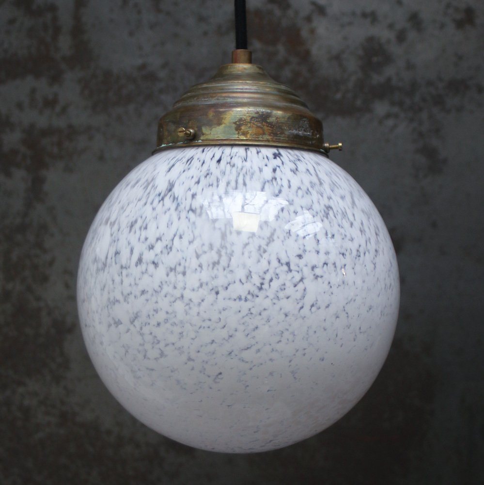 Art Deco French White Glass Globe and Brass Pendant Lamp for sale at Pamono