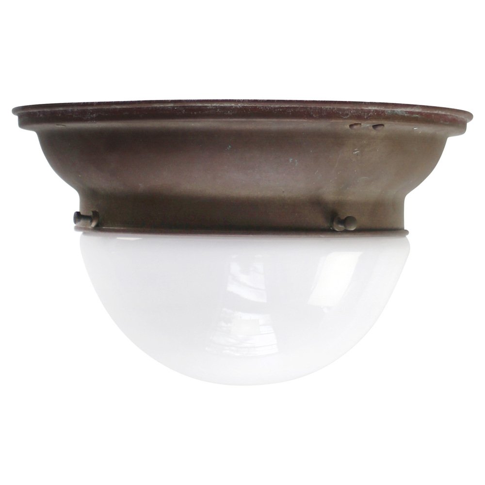 Art Deco Belgian Train Flush Mount with White Opaline Glass, 1910s for ...