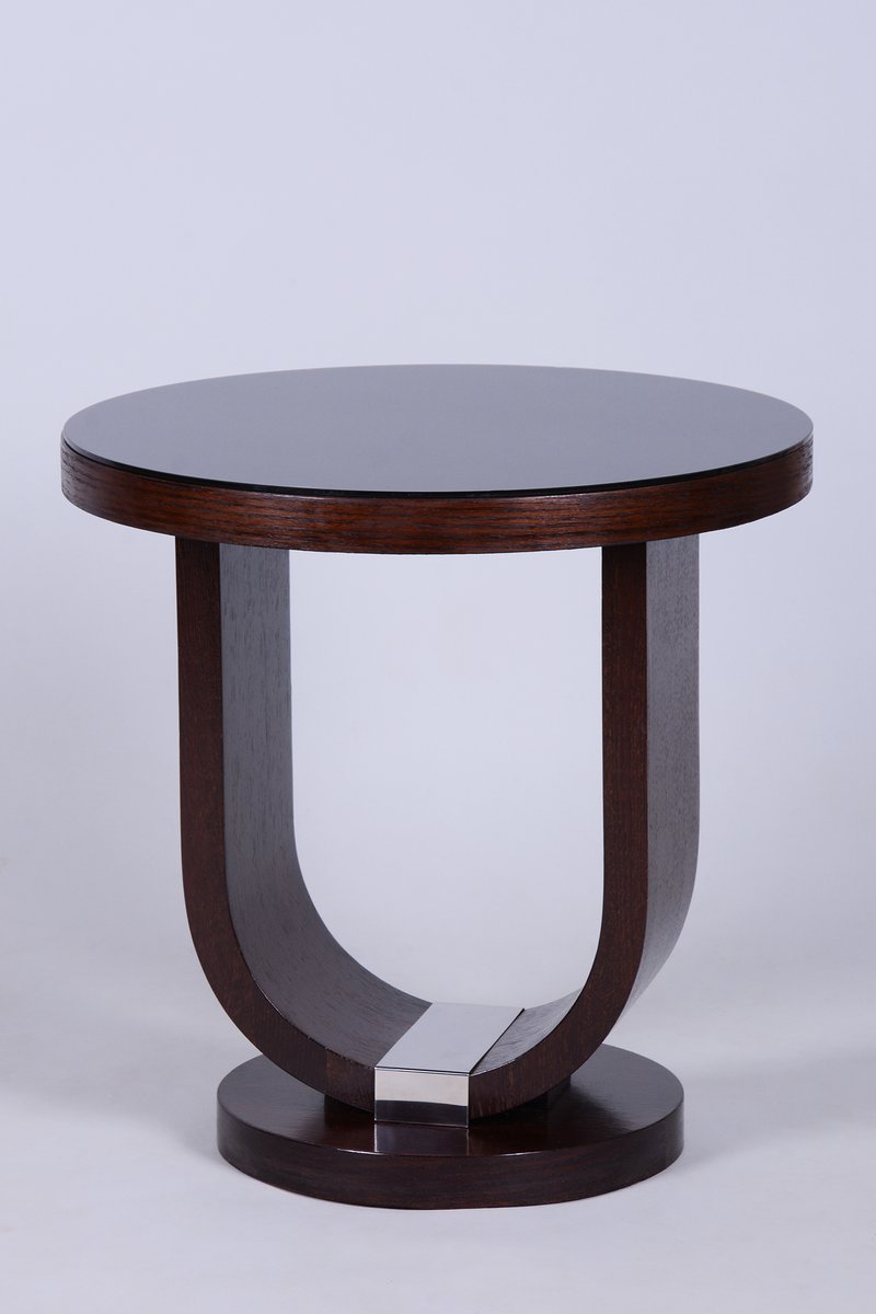 Art Deco Small Table in Oak, Silver Plating, and Glass, France, 1920s ...