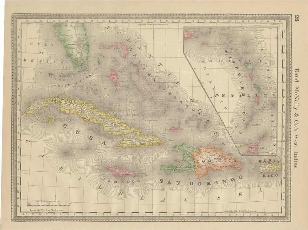 Carte Antique des Caraïbes par Rand McNally, 1888 en vente sur Pamono