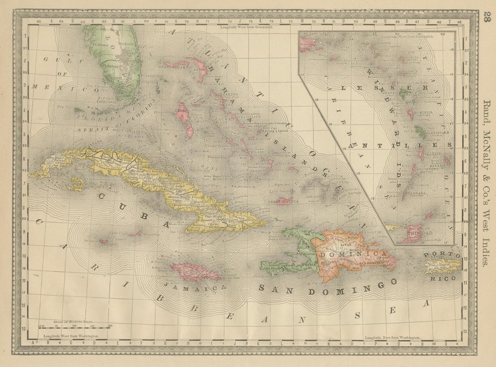 Carte Antique des Caraïbes par Rand McNally, 1888 en vente sur Pamono