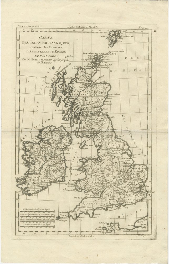 British Isles England and Scotland and Ireland Map by Bonne, 1780 for ...