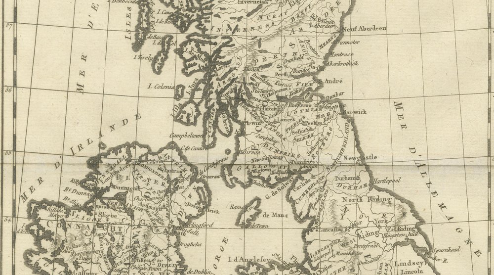 British Isles England and Scotland and Ireland Map by Bonne, 1780 for ...