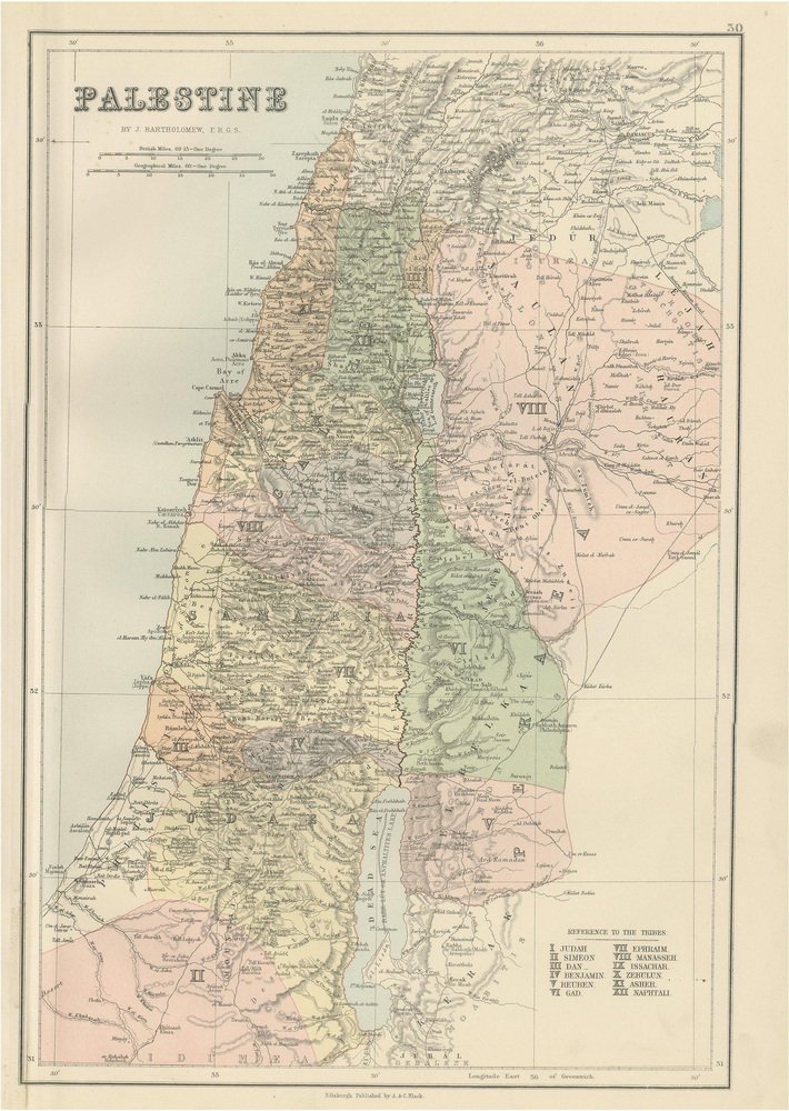 Antique Map of Palestine with Biblical Tribal Divisions, 1884 for sale ...