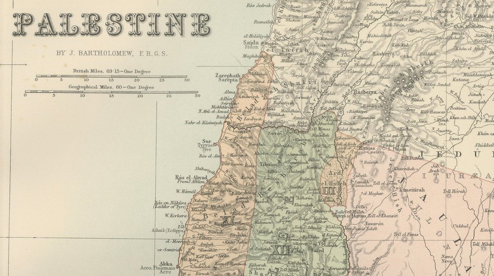 Antique Map of Palestine with Biblical Tribal Divisions, 1884 for sale ...
