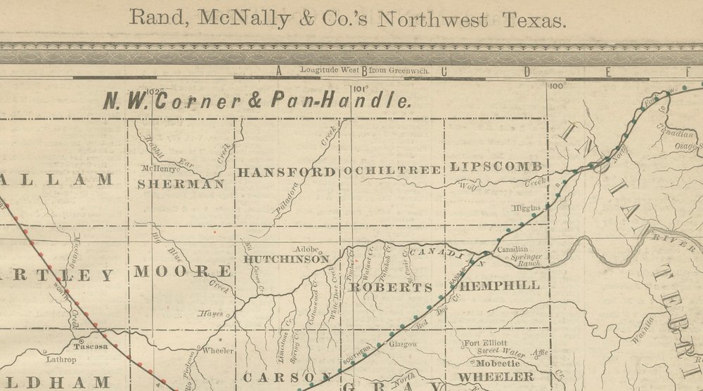 Carte Antique du Nord-Ouest du Texas par Rand McNally, 1888 en vente ...