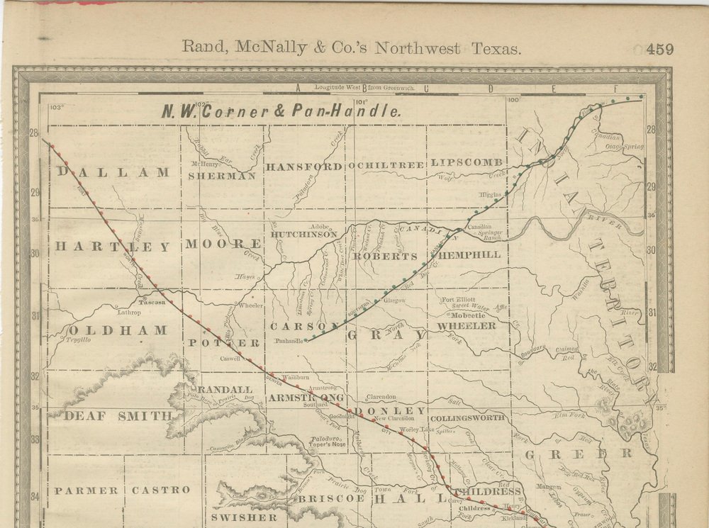 Antica mappa del Texas nord-occidentale di Rand McNally, 1888 in ...