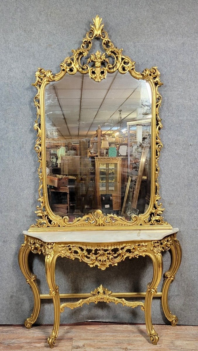Large Venetian Console Table and Mirror in Gilded Wood for sale at Pamono