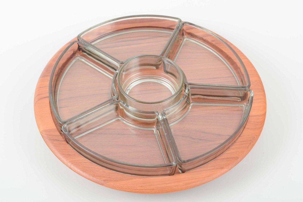 Cabaret Tray in Teak with Hand-Blown Glass Dishes from Digsmed, Denmark ...