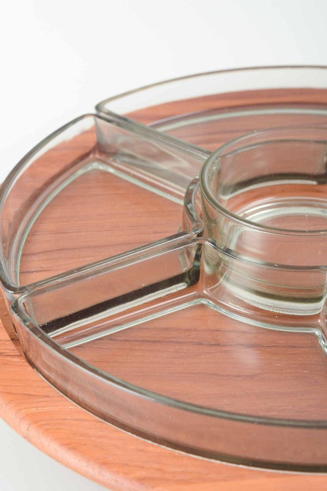 Cabaret Tray in Teak with Hand-Blown Glass Dishes from Digsmed, Denmark ...