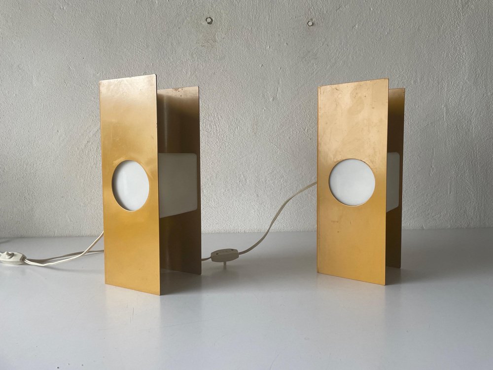 Space Age Table Lamps in Yellow Metal Cube Glass from Luci, 1970s, Set ...