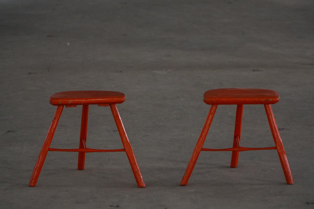 Red Painted Wooden Stools with Splayed Legs, 1950s-1960s, Set of 2 for ...