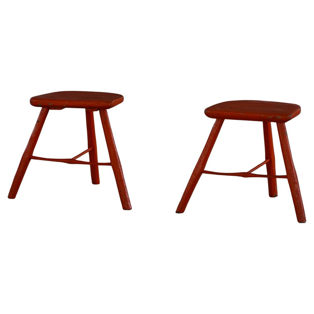 Red Painted Wooden Stools with Splayed Legs, 1950s-1960s, Set of 2 for ...