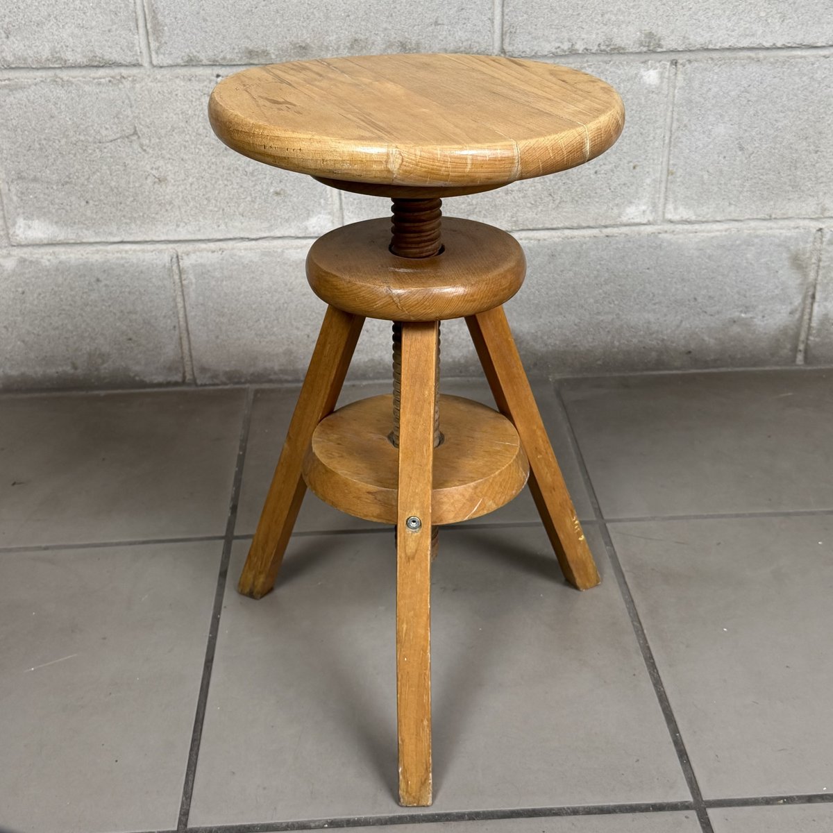 Vintage Swedish Industrial Adjustable Swivel Wooden Stool with Screw ...