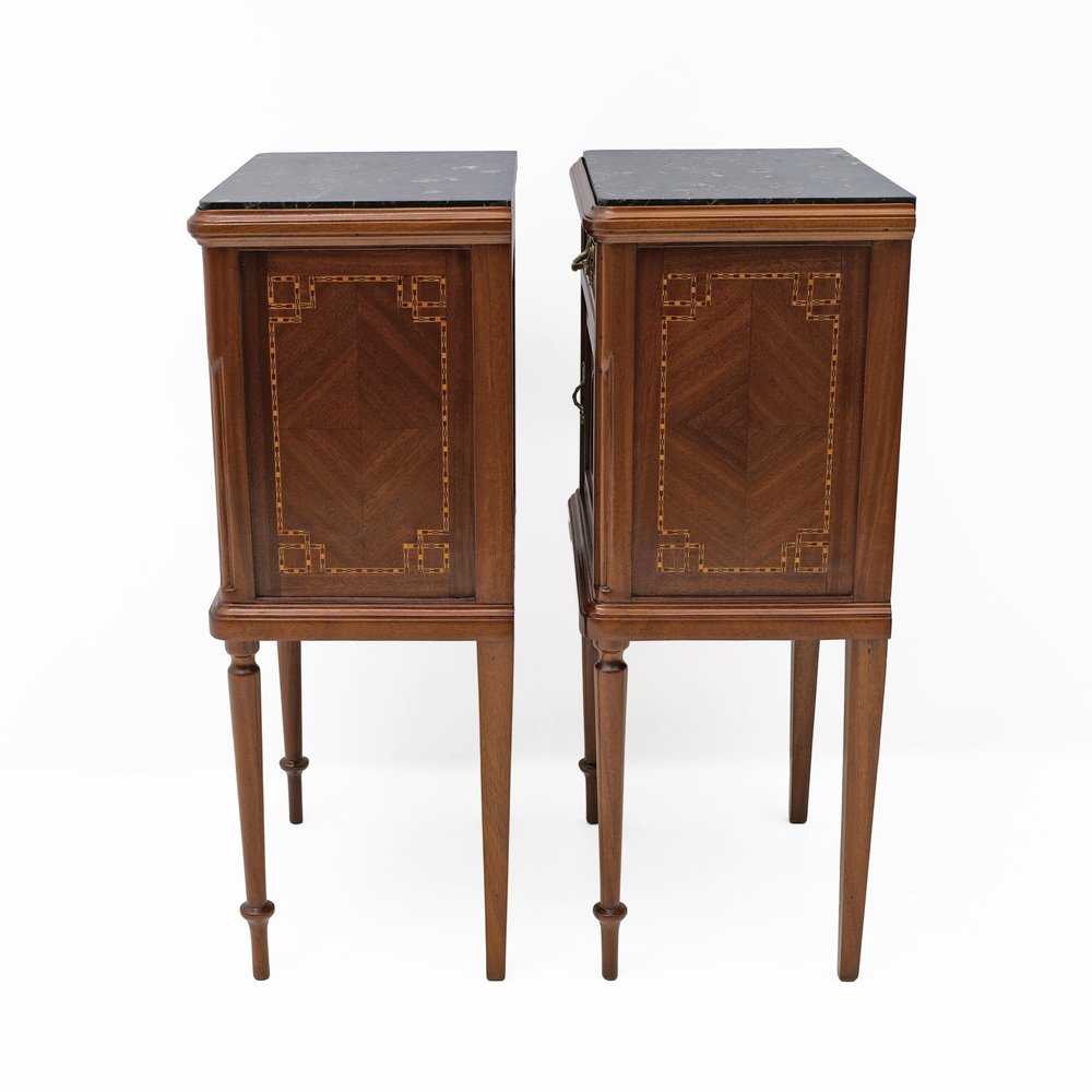 Louis XVI Style Bedside Tables with Inlays and Marble Top, Italy, 1920s ...
