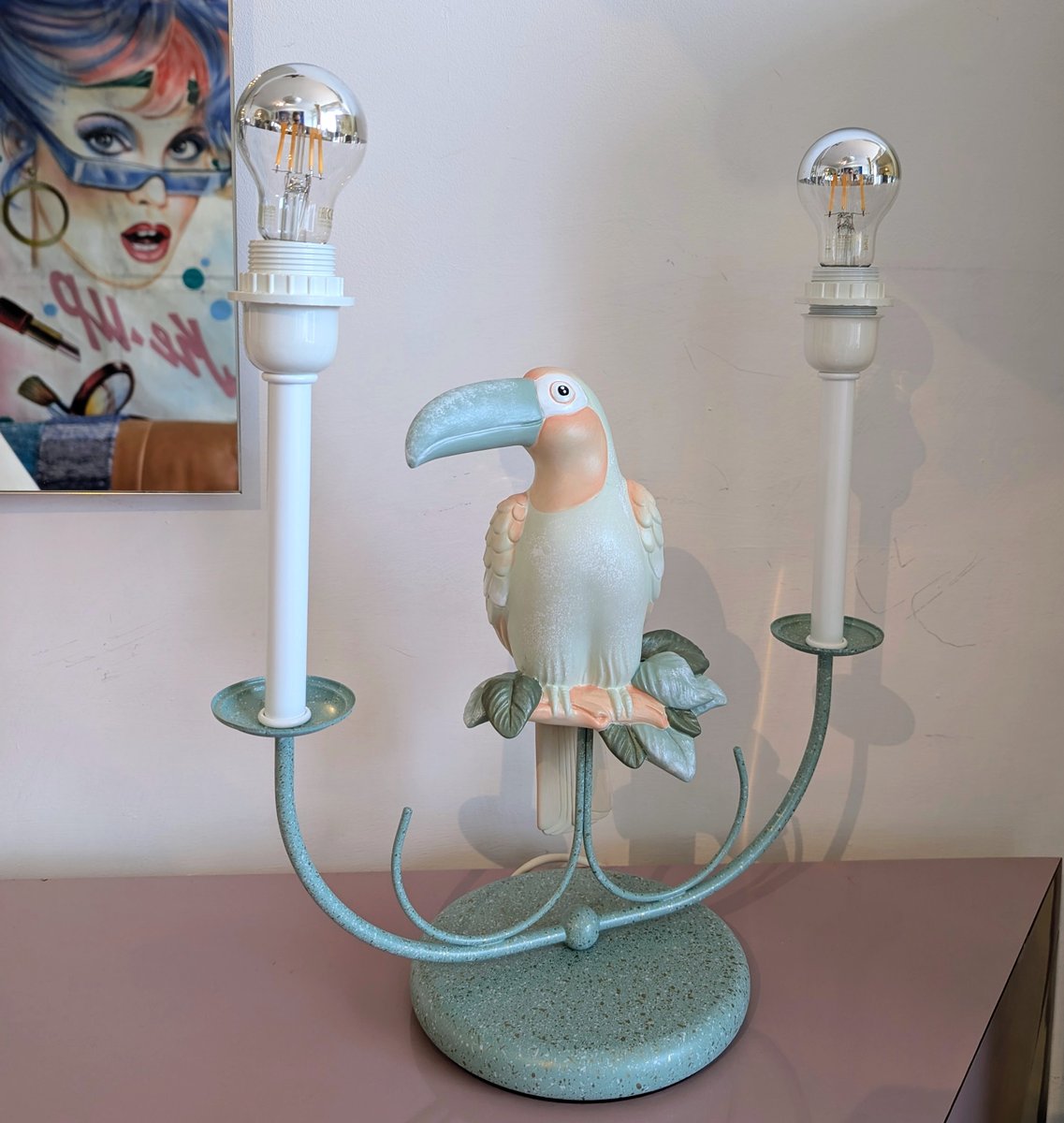 Vintage Ceramic Pastel Toucan Lamp, 1980s for sale at Pamono