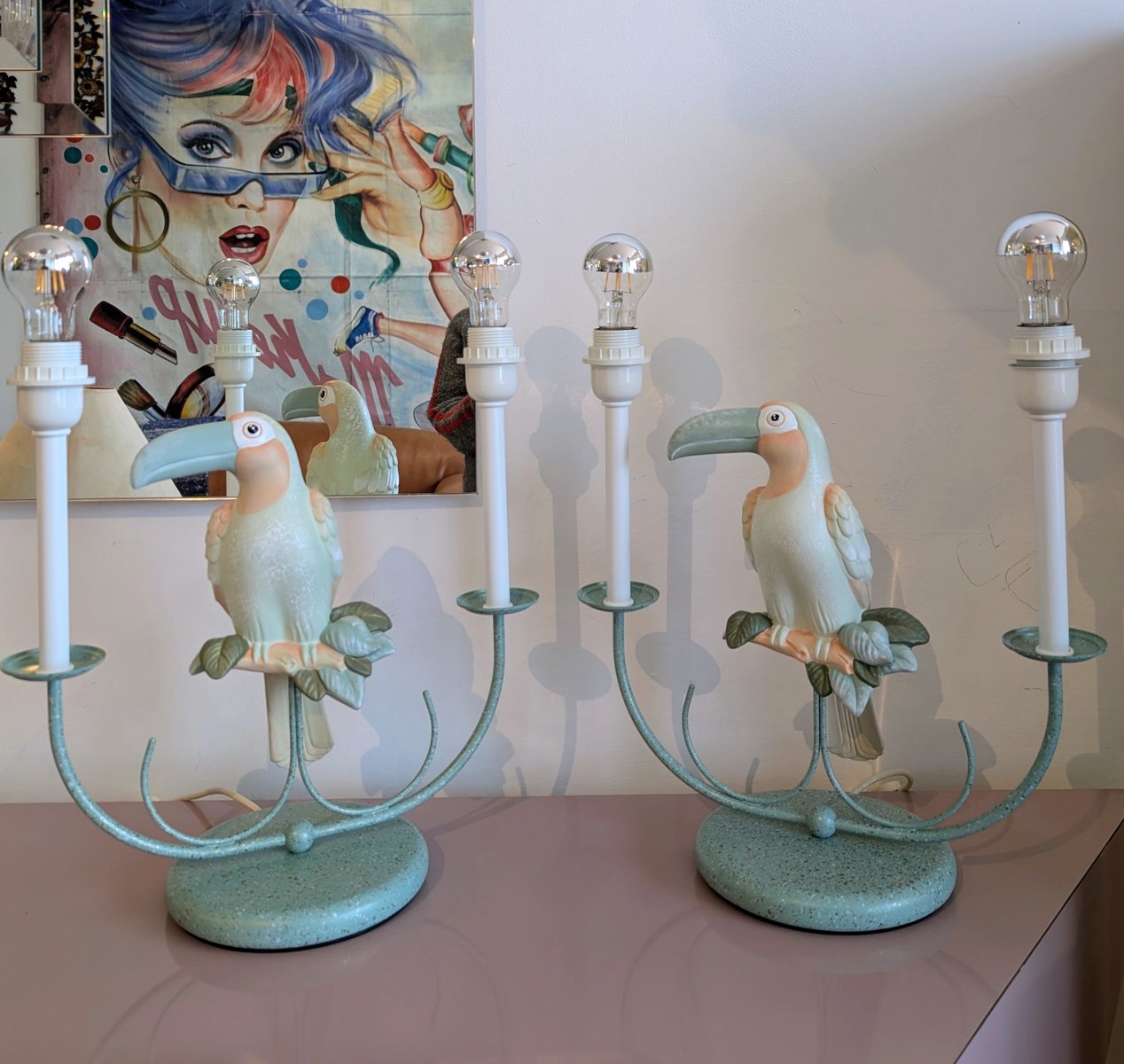 Vintage Ceramic Pastel Toucan Lamp, 1980s for sale at Pamono