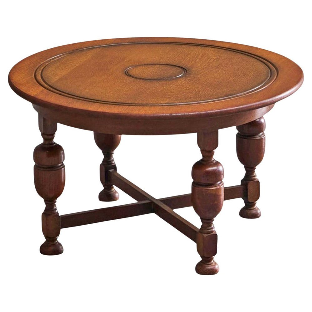 Vintage Round Coffee Table with Baluster Legs in Oak by H. Pander ...