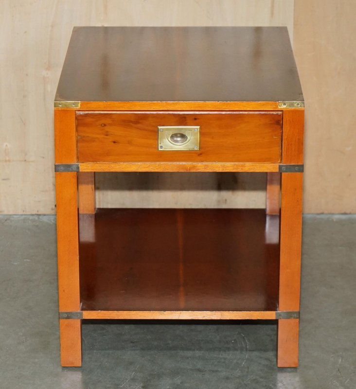 Military Campaign Style Yew Wood Side Table with Drawer for sale at Pamono
