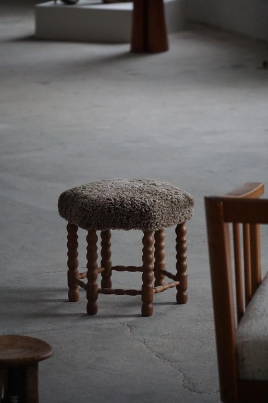 Mid-Century Modern Hexagon Oak Stool with Lambswool Seat and Bobbin ...