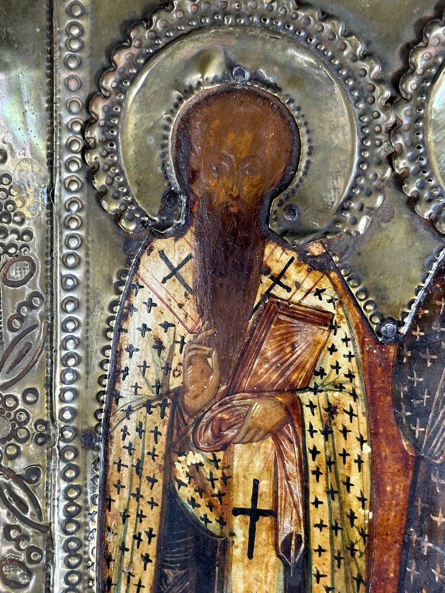 Orthodox Icon Three Saints, 1890s, Brass and Wood for sale at Pamono