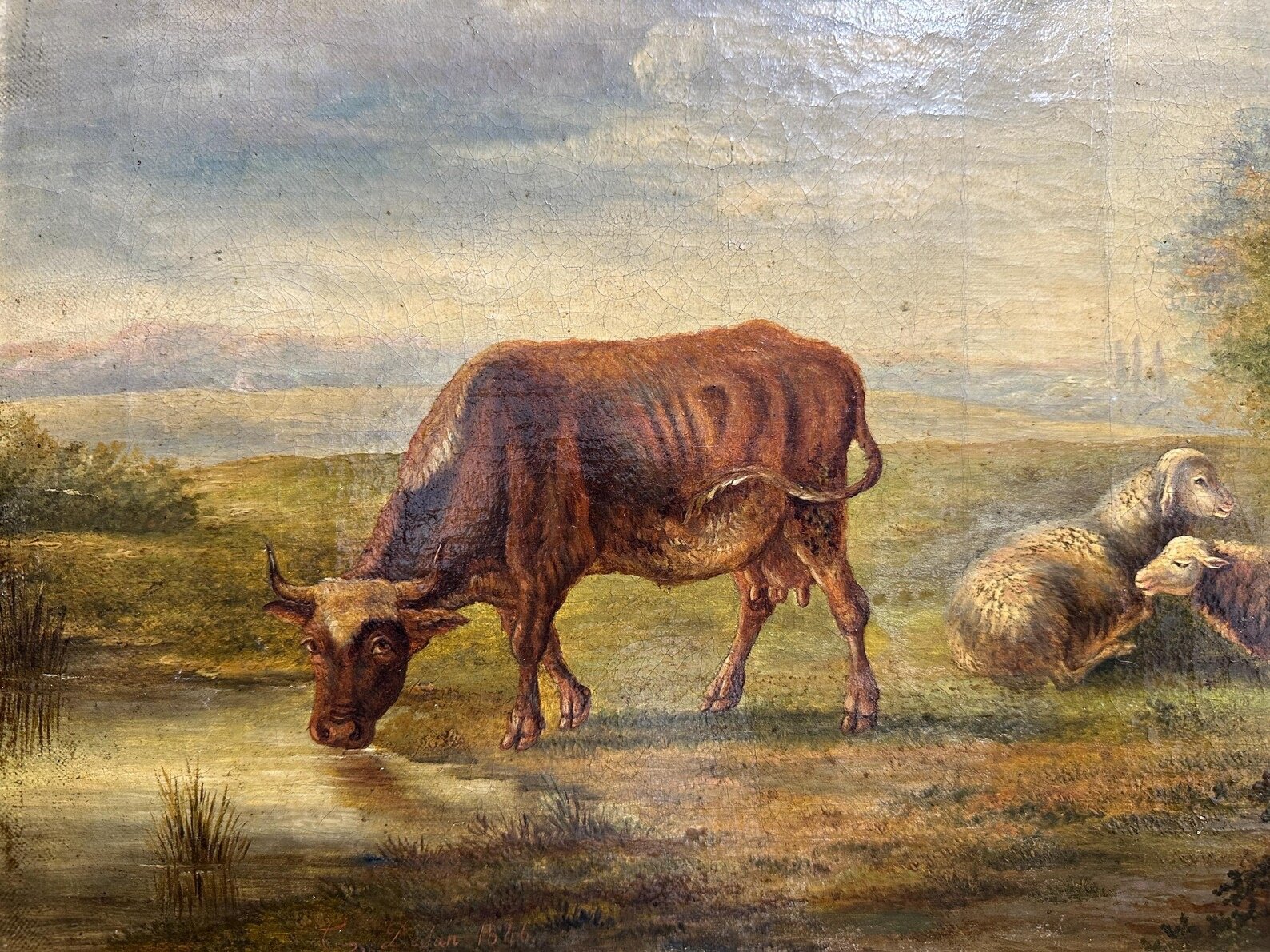 Charles Desan, Landschaft mit Rindern, 1846, Öl auf Leinwand, Gerahmt ...