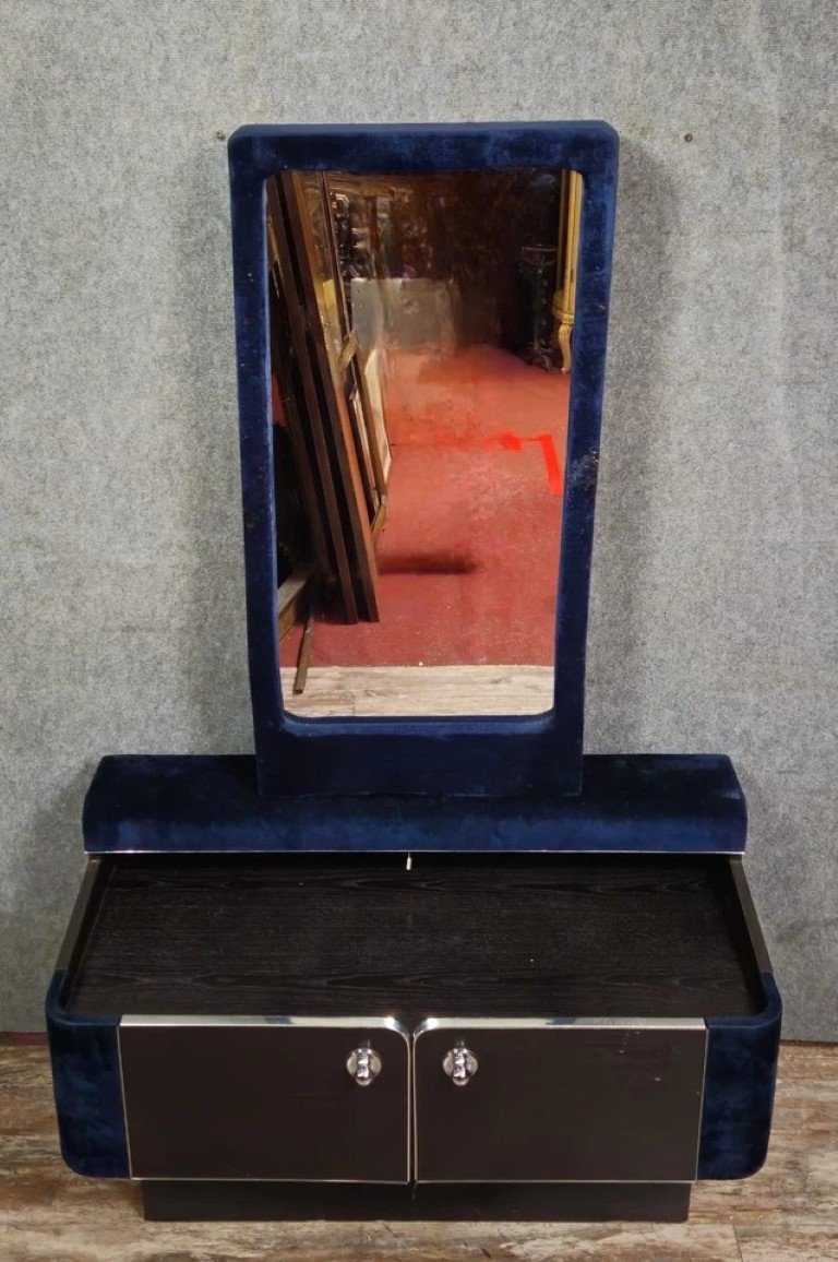 Art Deco Dressing Table with Mirror Blue Velvet, 1930s for sale at Pamono