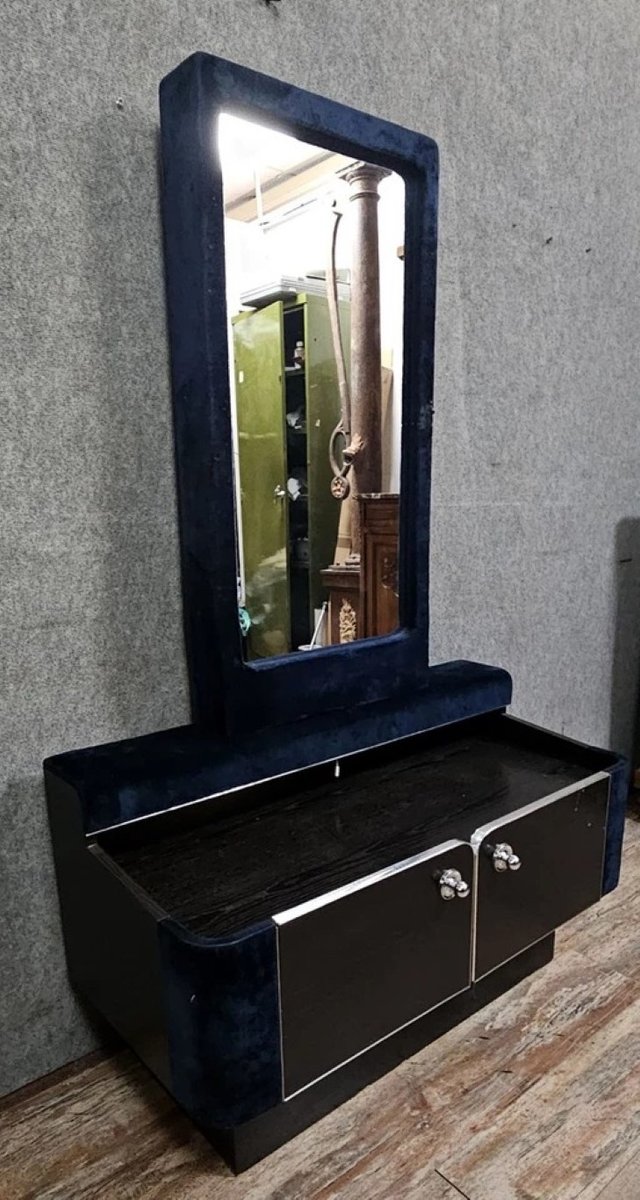 Art Deco Dressing Table with Mirror Blue Velvet, 1930s for sale at Pamono