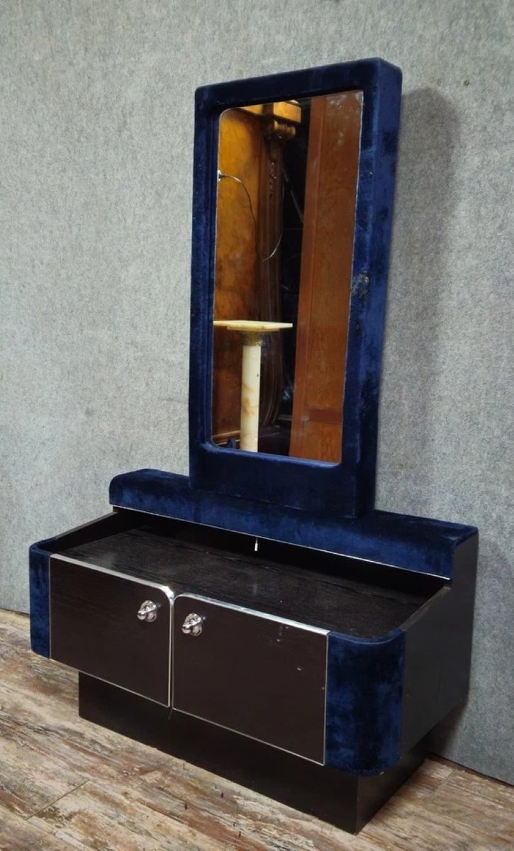 Art Deco Dressing Table with Mirror Blue Velvet, 1930s for sale at Pamono