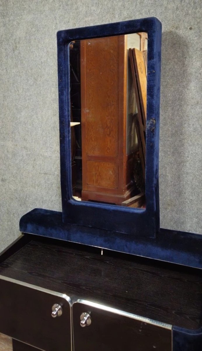 Art Deco Dressing Table with Mirror Blue Velvet, 1930s for sale at Pamono