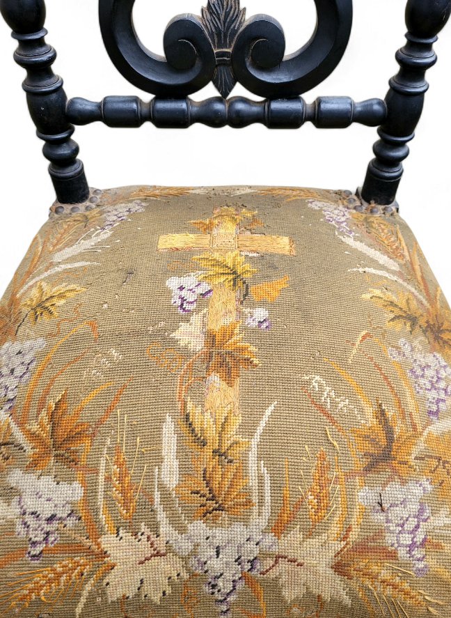 Antique French Prayer Chair with Carved Cross, 1880s for sale at Pamono